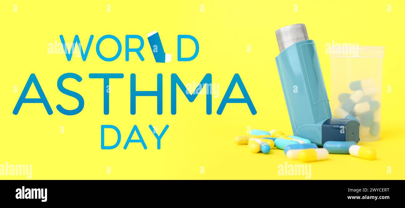 Awareness banner for World Asthma Day with inhaler and pills Stock ...