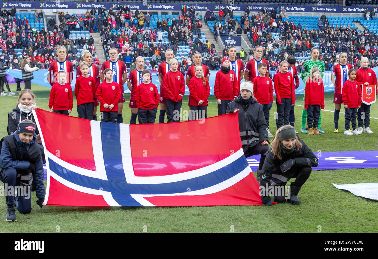 Oslo, Norway 05 April 2024 Norway team during Norway’s national anthem ...