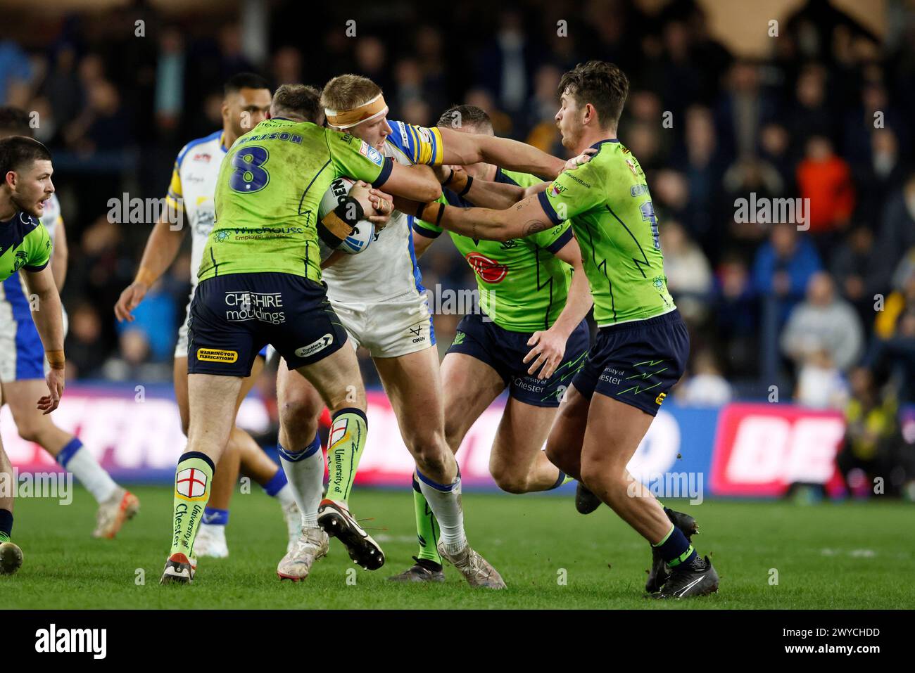 Leeds Rhino's Mikolaj Oledzki gets tackled during the Betfred Super ...