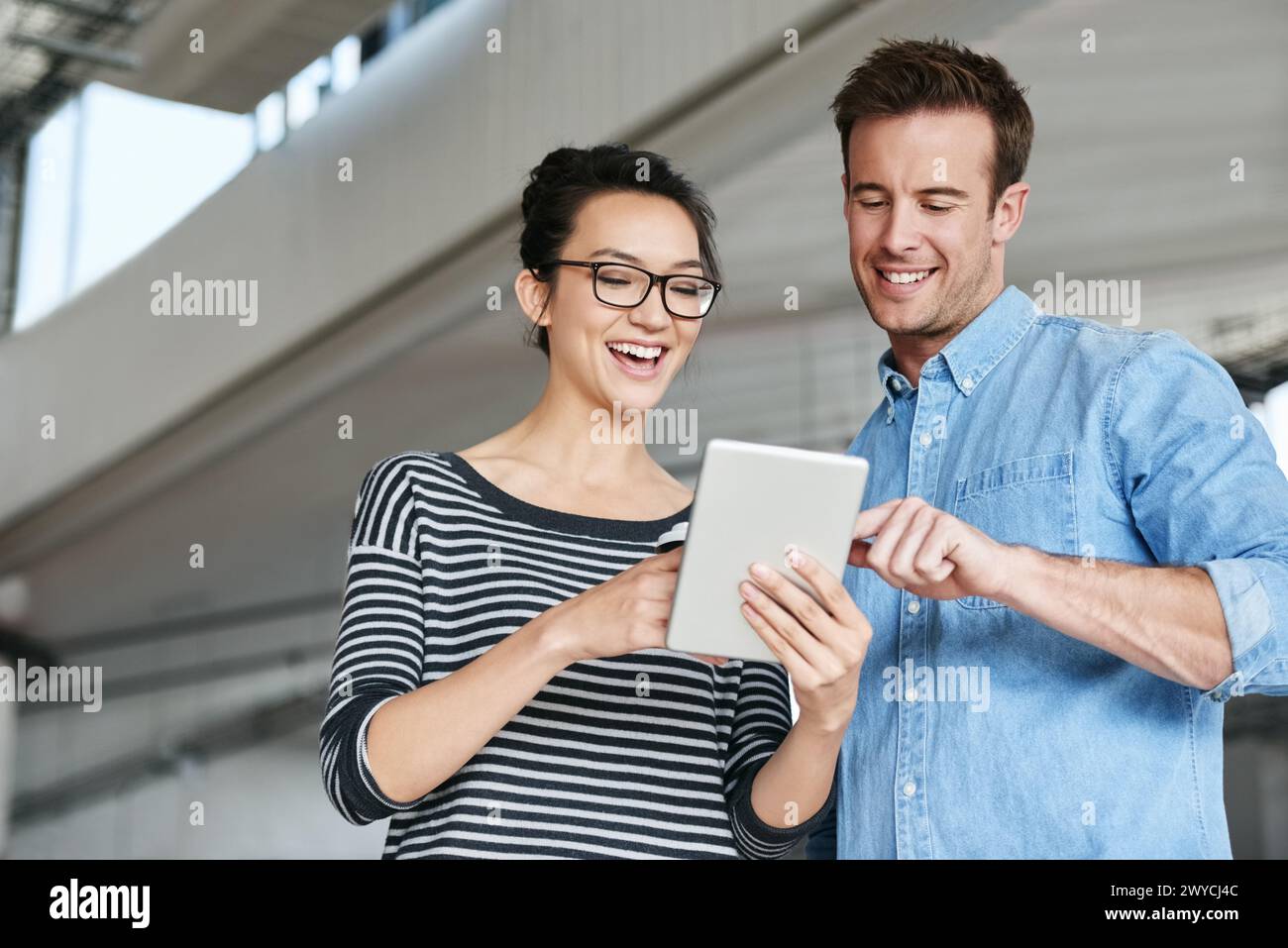 Happy people, creative and browsing with tablet for research, social ...