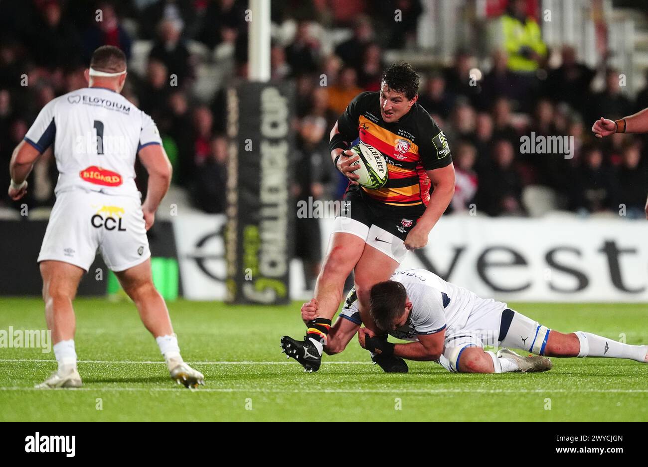 Gloucester's Val Rapava Ruskin is tackled by Castres Olympique's Ryno ...