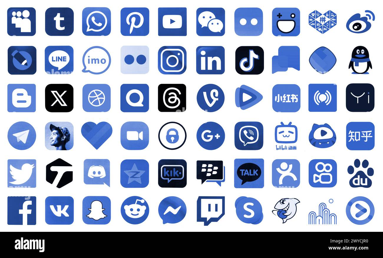 KYIV, UKRAINE - APRIL 1, 2024 Many icons of social media, messengers ...