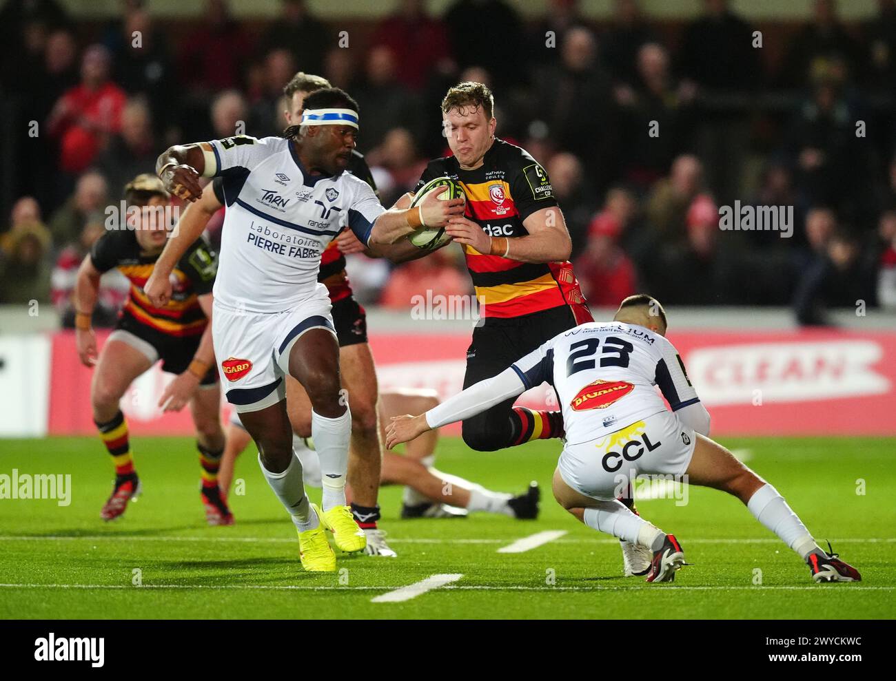 Gloucester's Ollie Thorley is tackled by Castres Olympique's Josaia ...