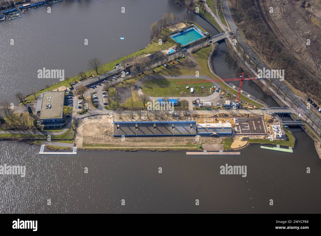 Aerial view, regatta course and construction site with new grandstand ...