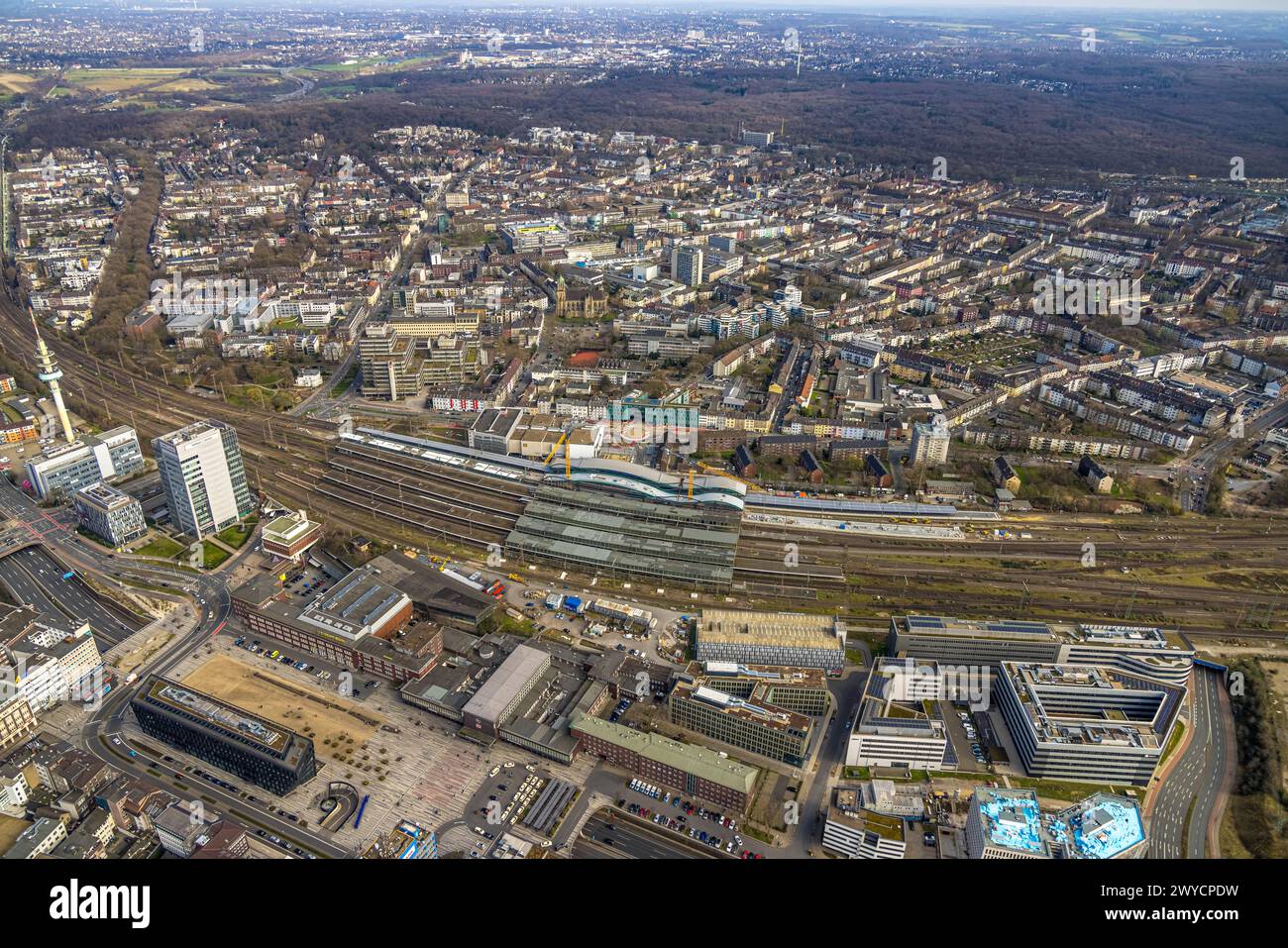 Aerial view, main station Hbf construction site with new track hall and ...