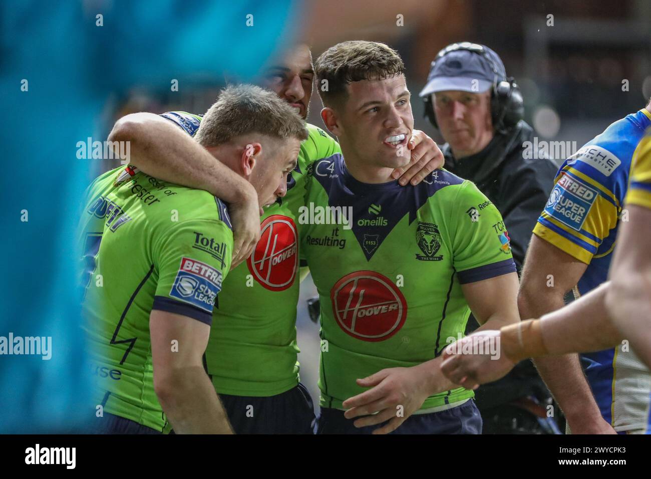 Matt Dufty of Warrington Wolves celebrates his try during the Betfred ...