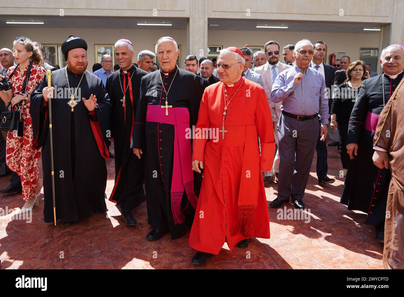 Mosul, Iraq. 05th Apr, 2024. Cardinal Louis Raphael Sako (C), the ...