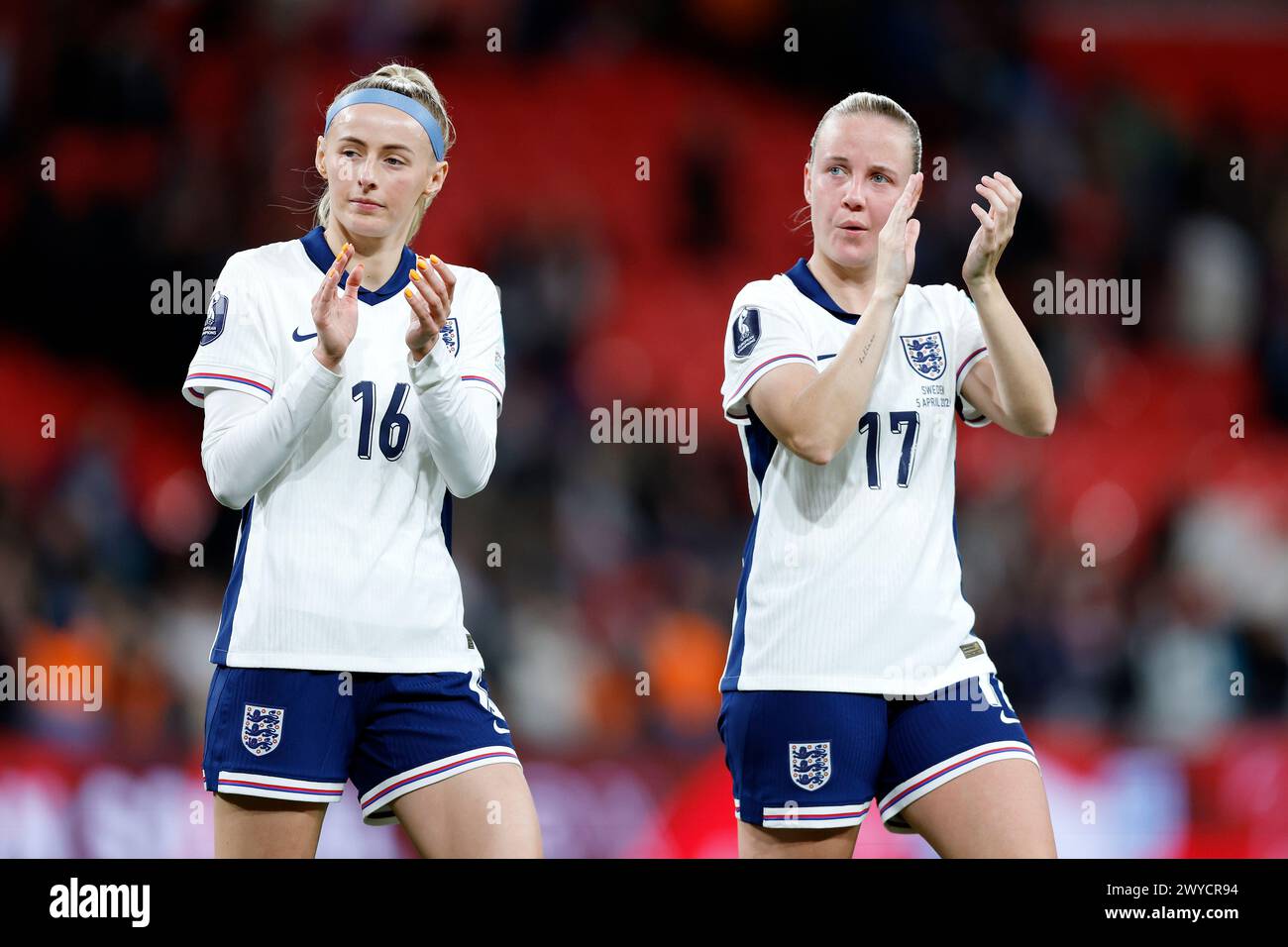 England’s Chloe Kelly and Beth Mead applaud the fans following the UEFA ...