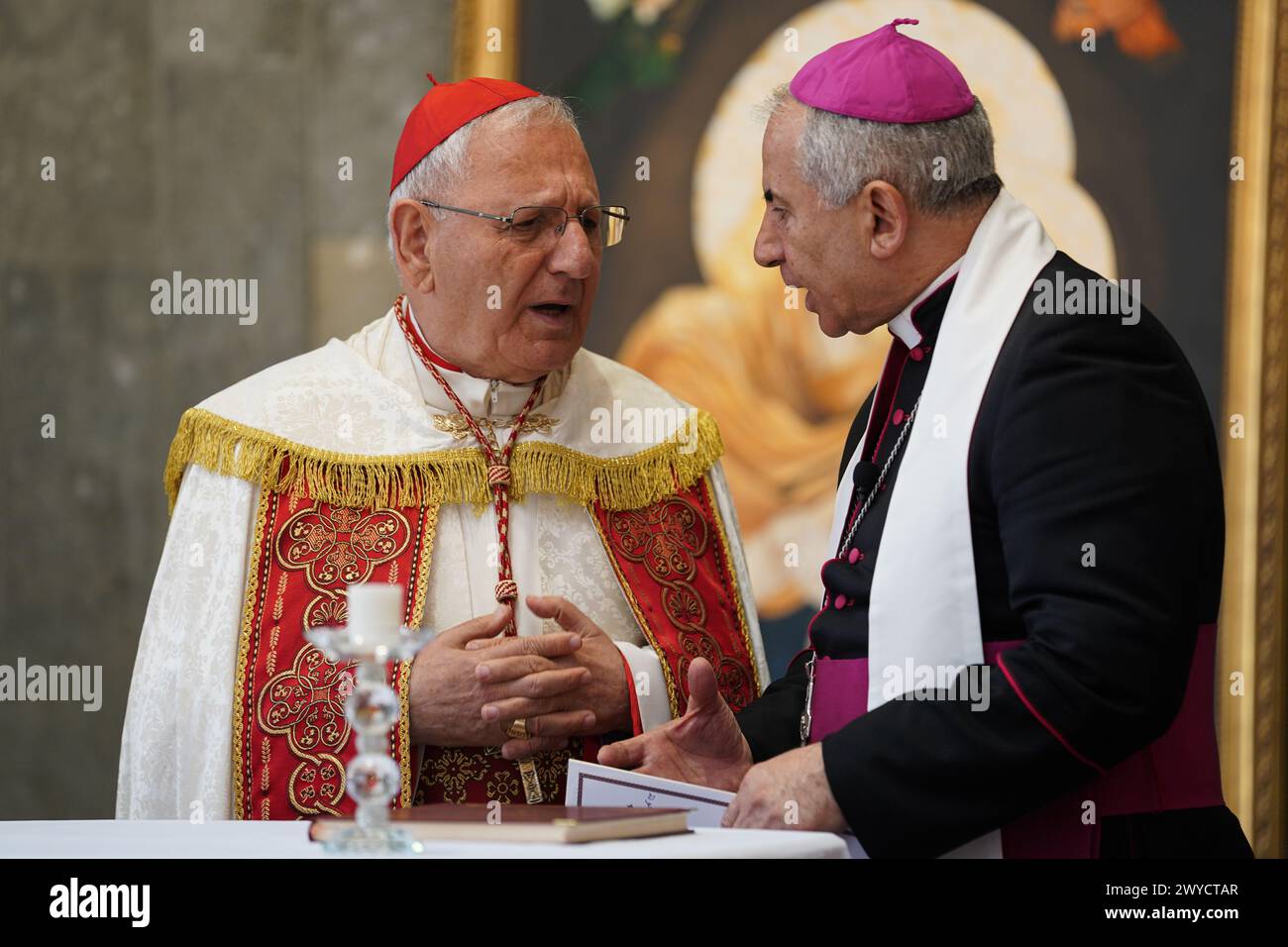 Mosul, Iraq. 05th Apr, 2024. Cardinal Louis Raphael Sako (L), the ...