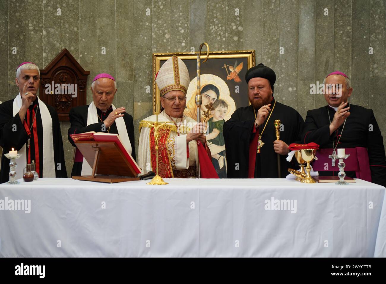 Mosul, Nineveh, Iraq. 5th Apr, 2024. Cardinal Louis Raphael Sako (C ...