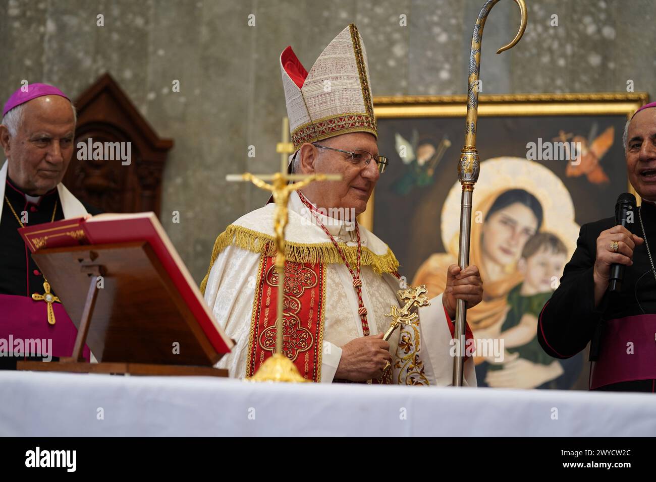 Mosul, Iraq. 05th Apr, 2024. Cardinal Louis Raphael Sako (C), the ...