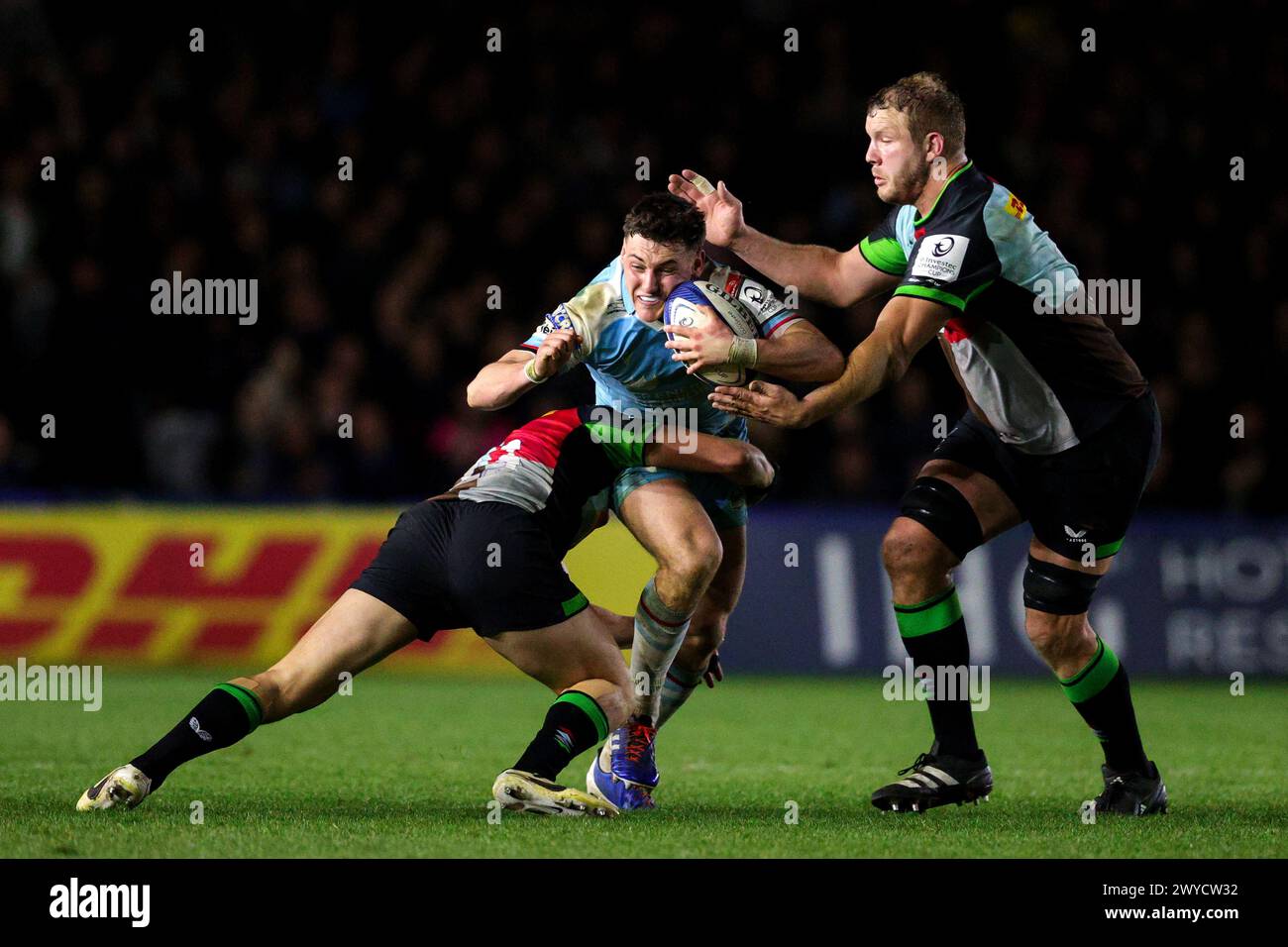 London, England, 5th April 2024. Glasgow Warriors' Tom Jordan tackled ...