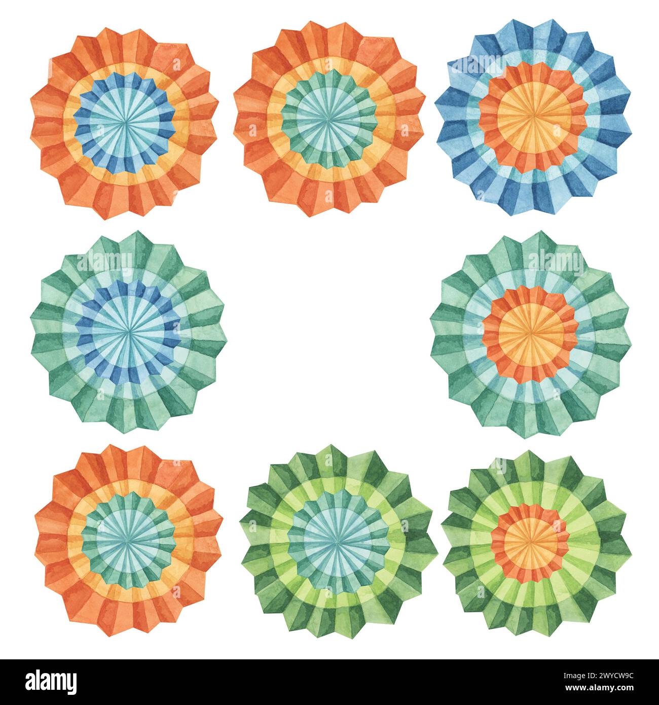 Blue, green and orange fiesta flowers. Hand drawn isolated watercolor ...