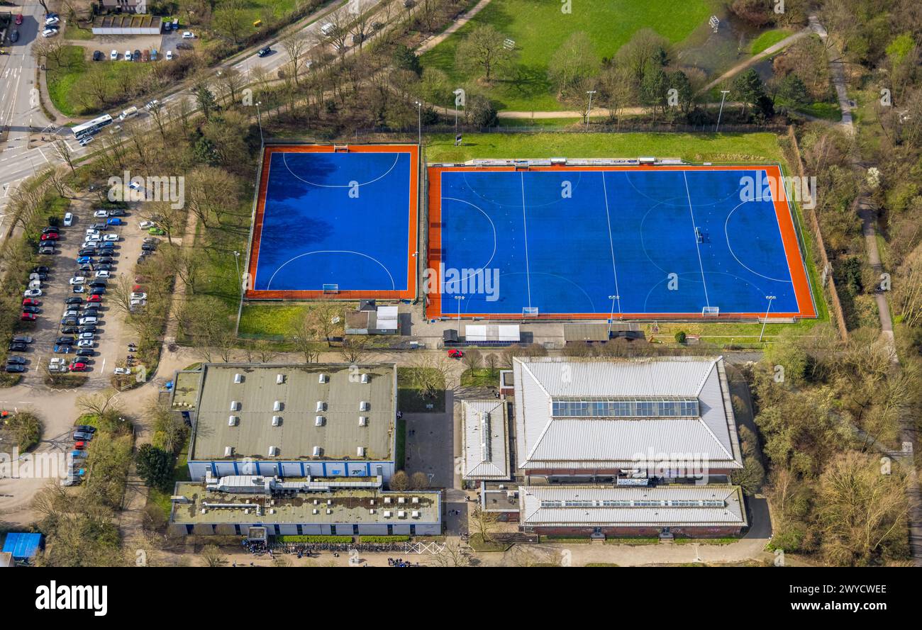 Aerial view, sports field with blue field field hockey department of TV ...