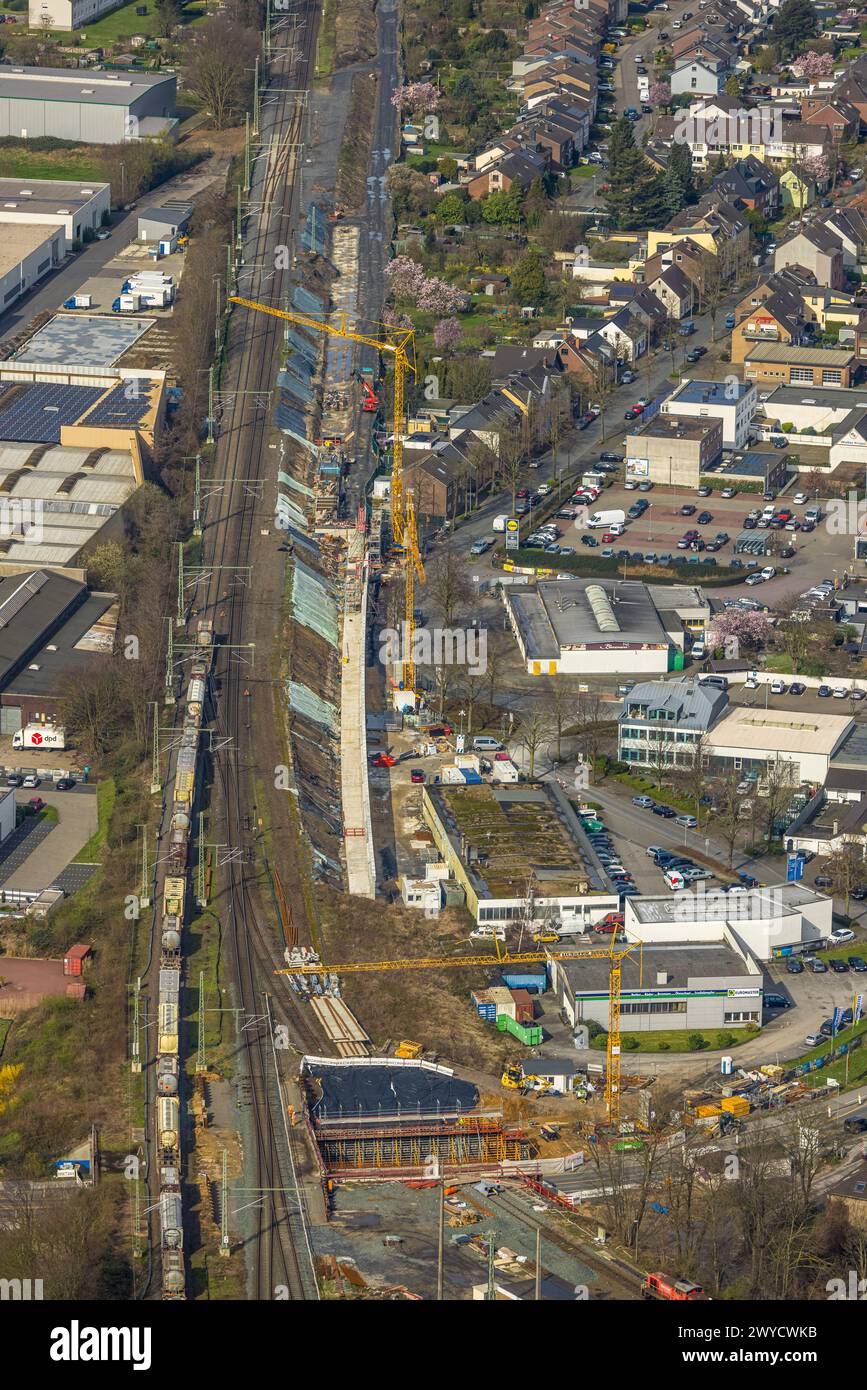 Aerial view, construction site railroad line with freight train at the ...
