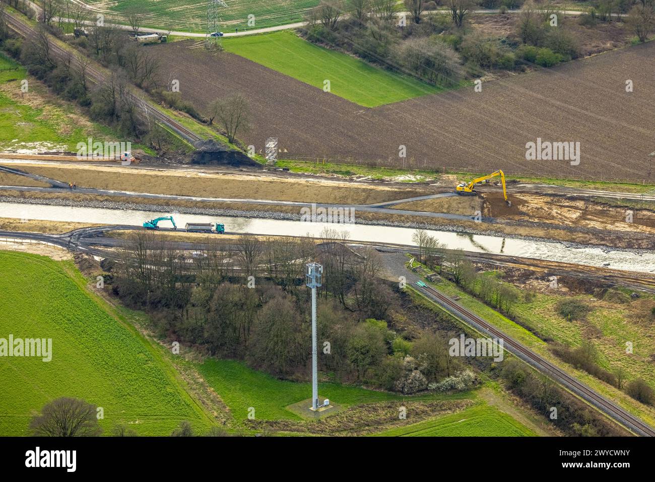 Aerial view, Emscher dike with broken embankment at the mouth of the ...