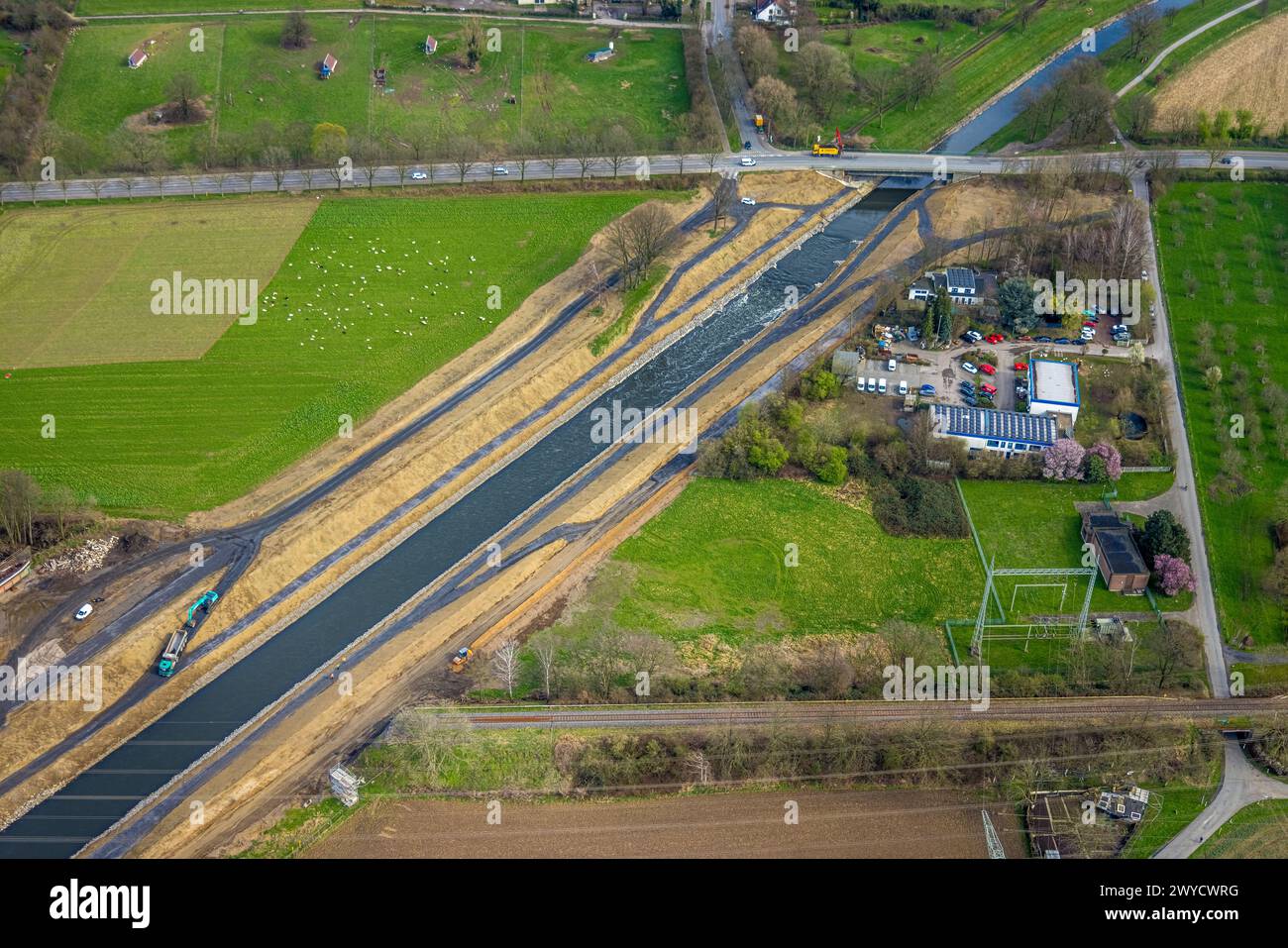 Aerial view, Emscher dike with broken embankment at the mouth of the ...