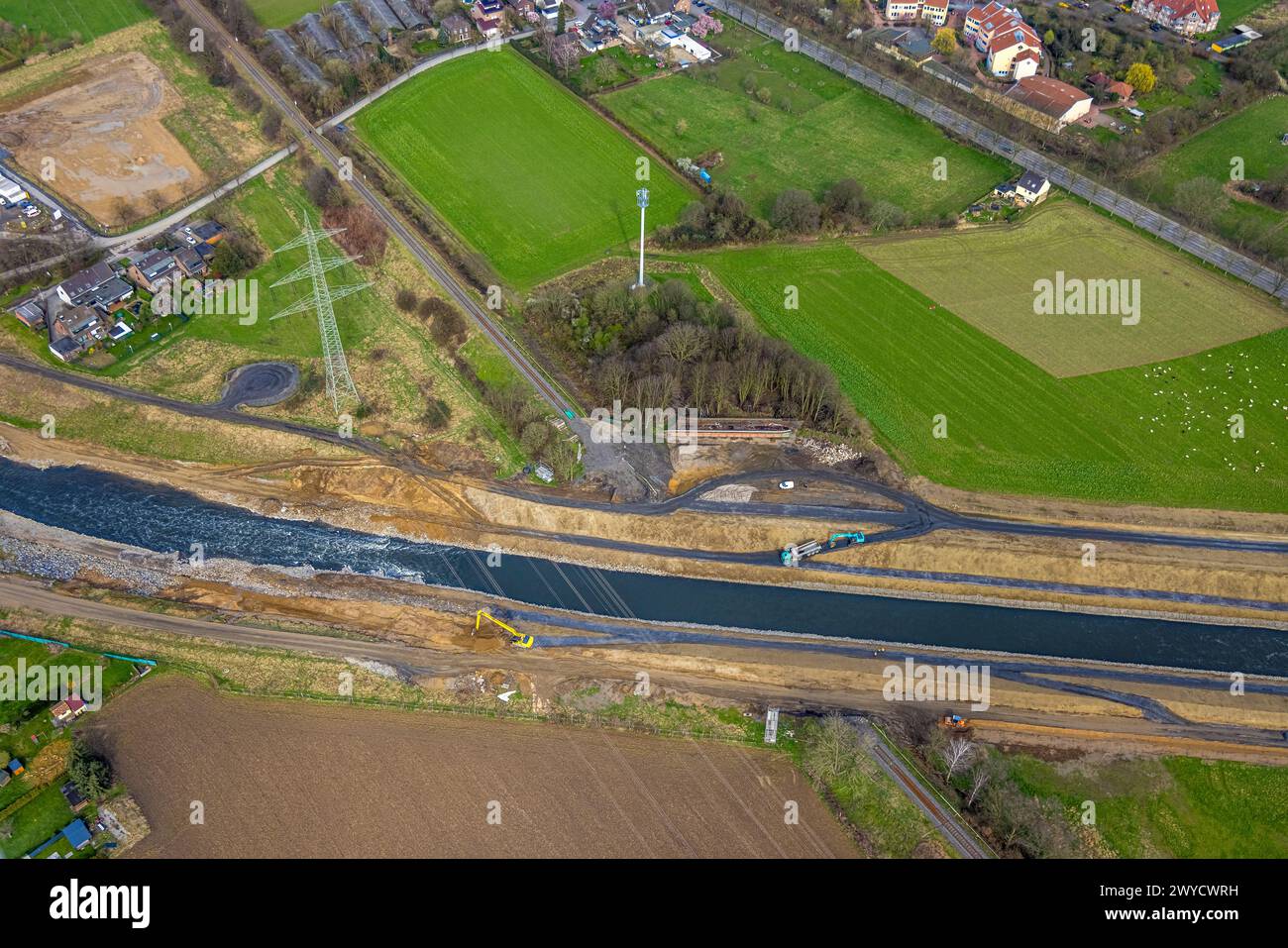 Aerial view, Emscher dike with broken embankment at the mouth of the ...