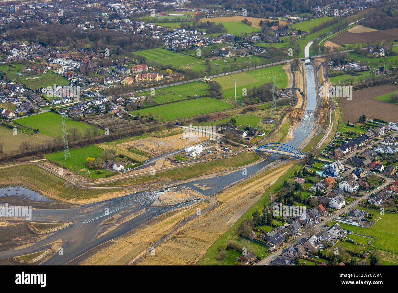 Aerial view, Emscher dike with broken embankment at the mouth of the ...