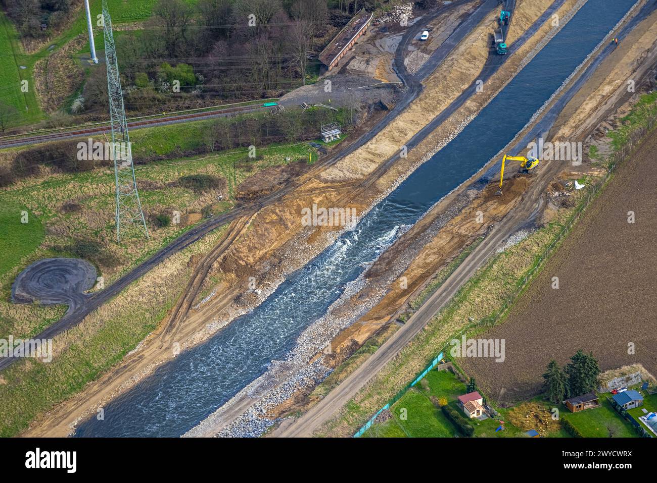 Aerial view, Emscher dike with broken embankment at the mouth of the ...