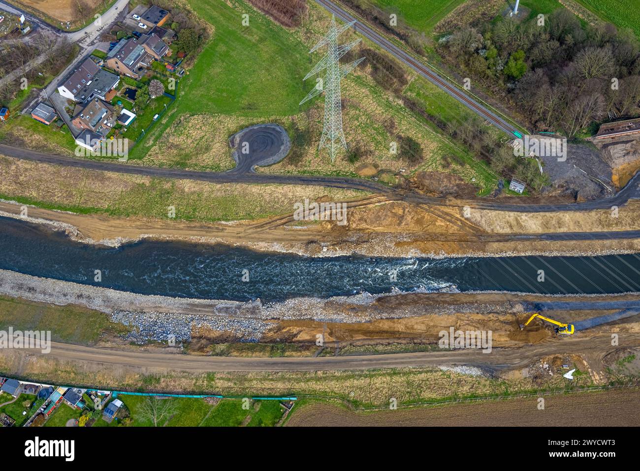 Aerial view, Emscher dike with broken embankment at the mouth of the ...