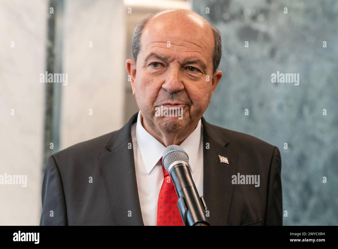 Ersin Tatar, Leader of the Turkish Cypriot Community speaks to press ...