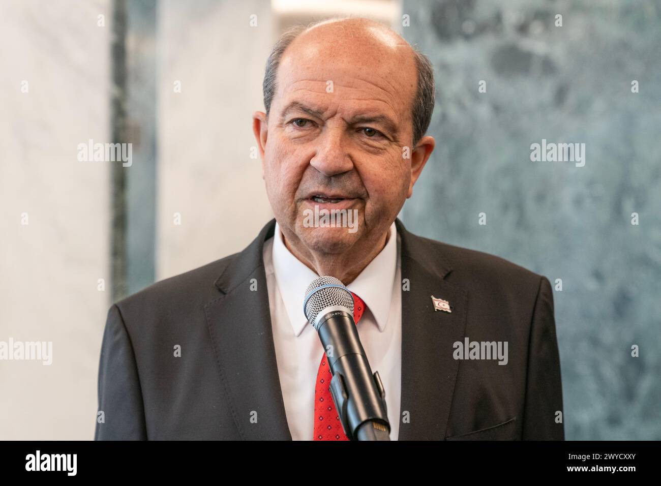 Ersin Tatar, Leader of the Turkish Cypriot Community speaks to press ...