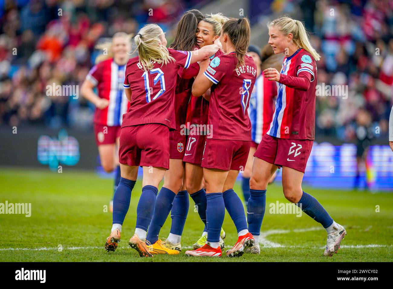 Oslo 20240405.Norway's Celin Bizet Ildhusøy (centre) celebrates her 1-0 ...