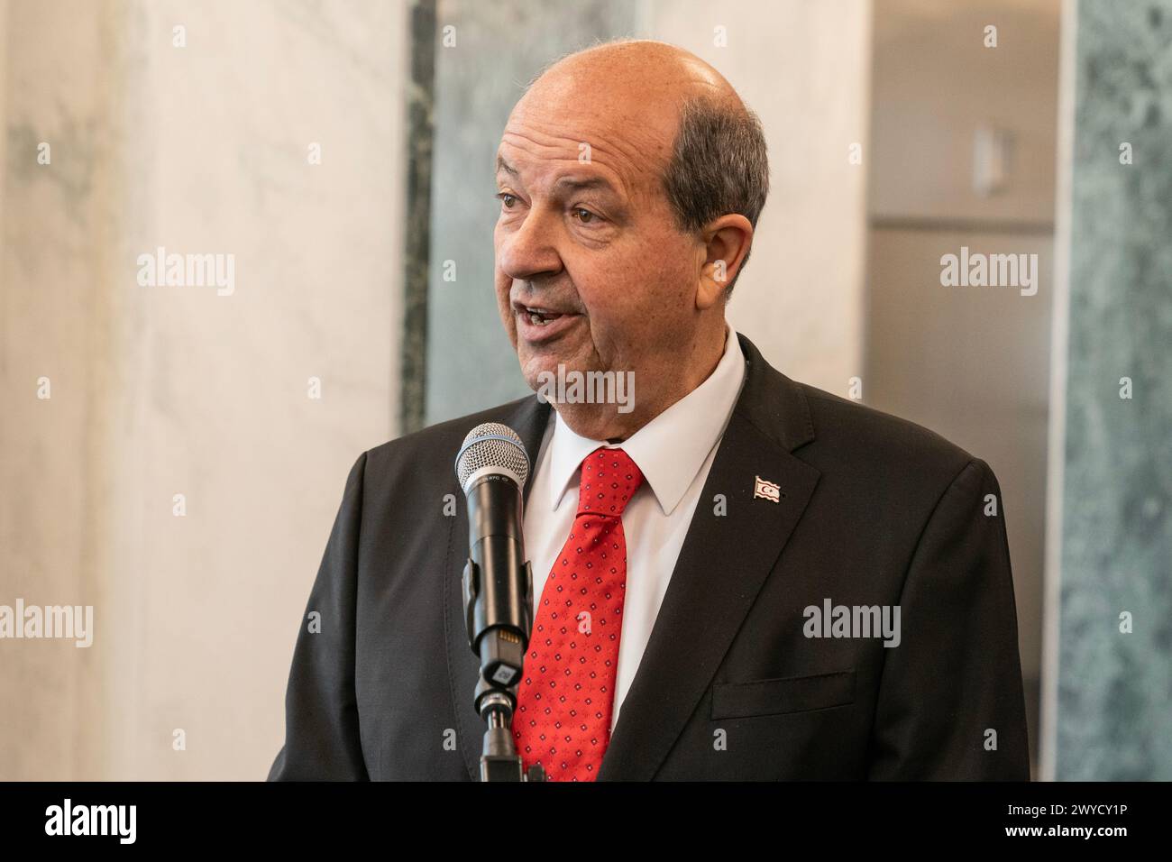 Ersin Tatar, Leader of the Turkish Cypriot Community speaks to press ...
