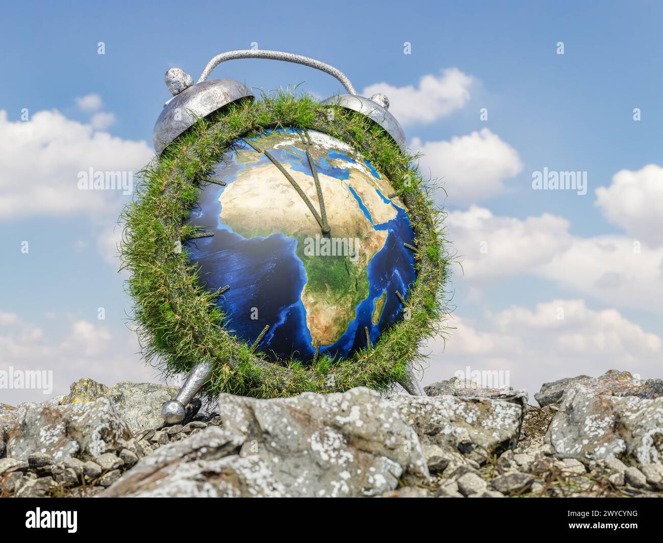 3d rendering of environmental disaster alarm clock with Earth map clock ...