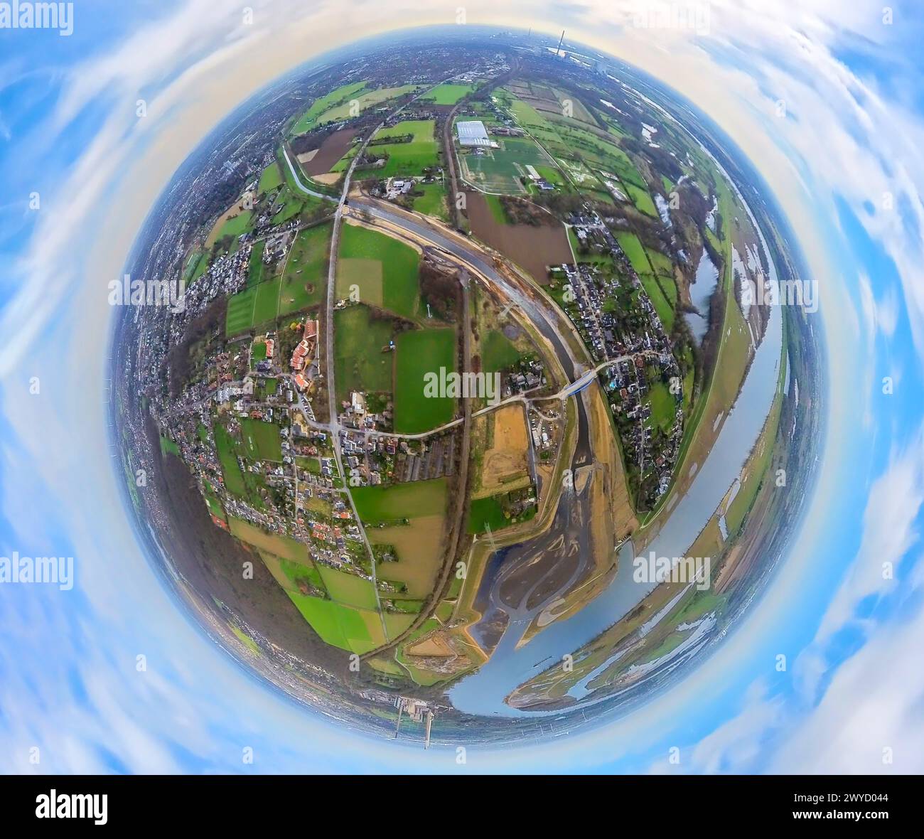 Aerial view, New Emscher estuary and river Rhine, blue bridge ...