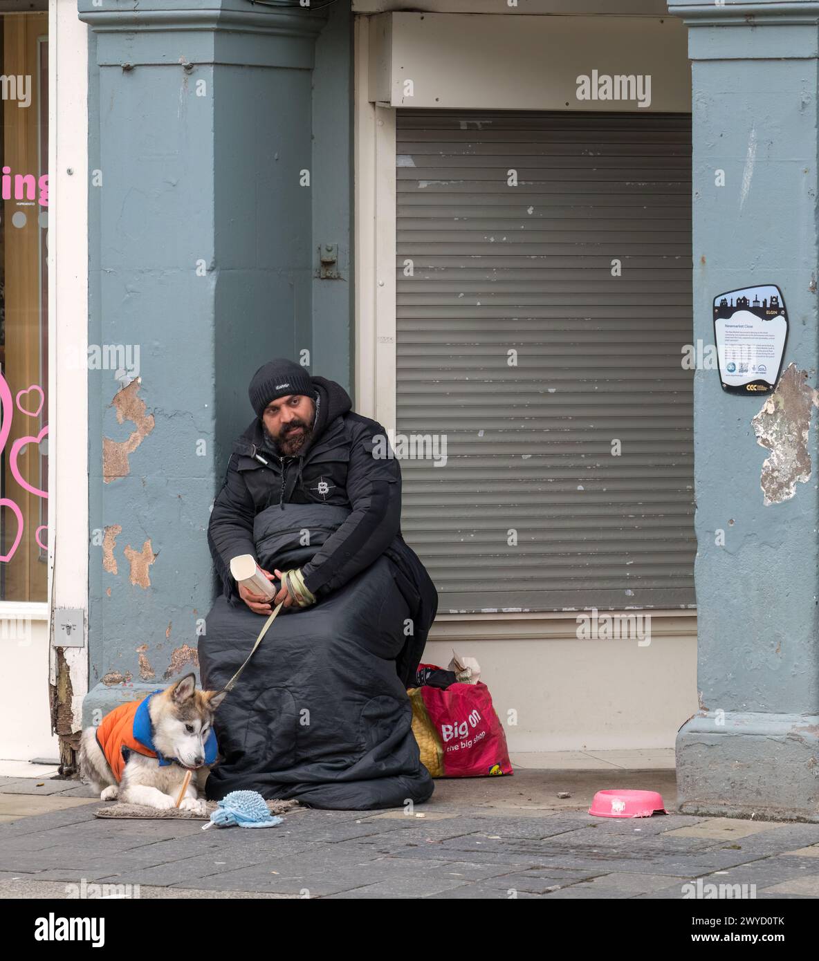 5 April 2024. Elgin,Moray,Scotland. This is a man sitting and begging ...