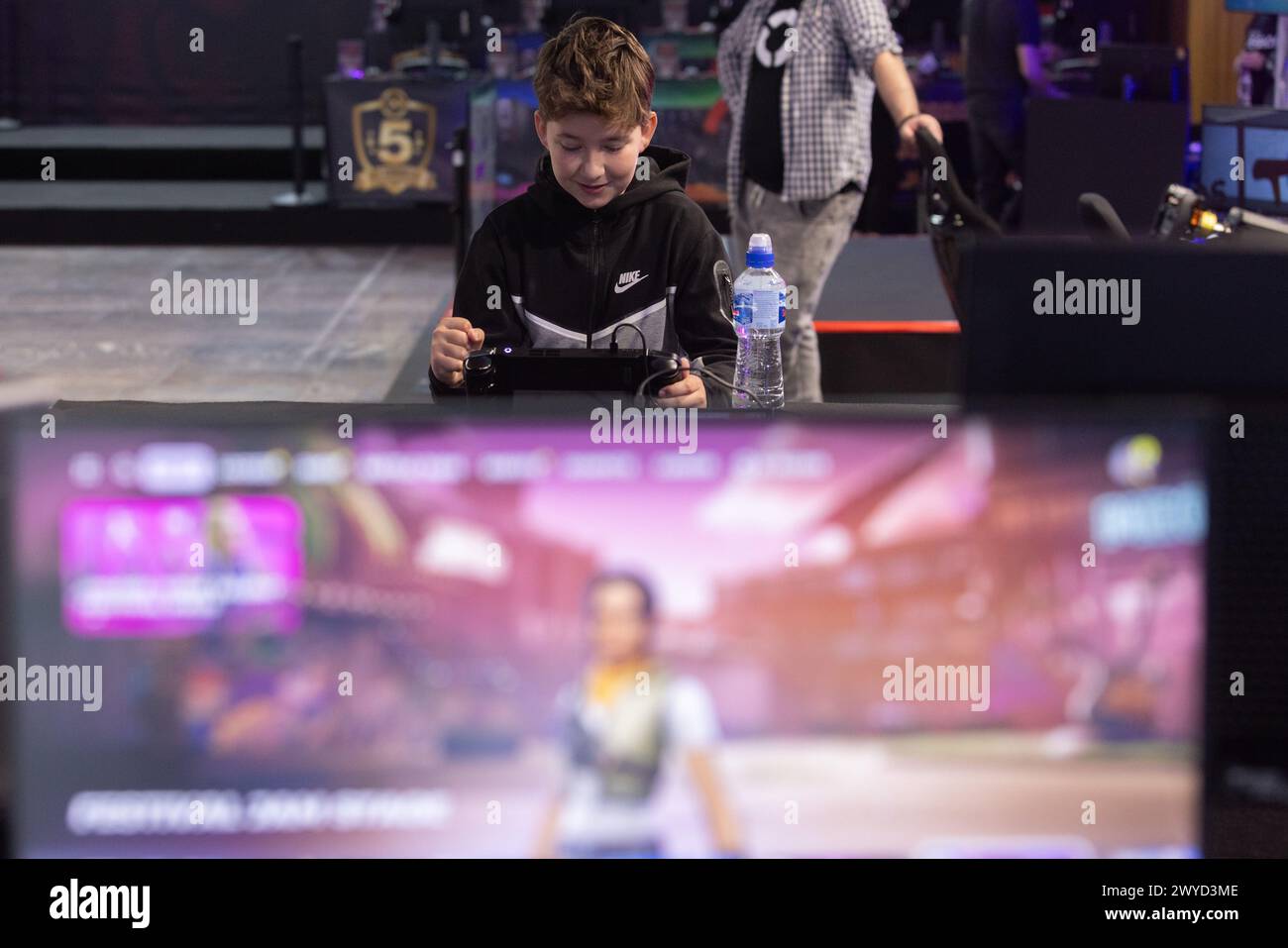 Ljubljana, Slovenia. 5th Apr, 2024. A boy plays a video game during the ...