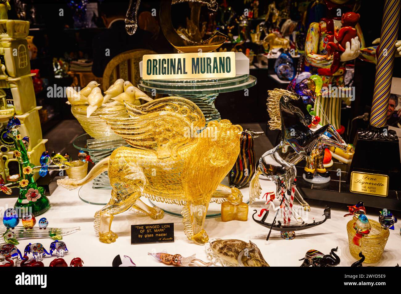 Display of Murano glass sculptures an d ornaments in a shop window in San Marco, Venice, Italy ...