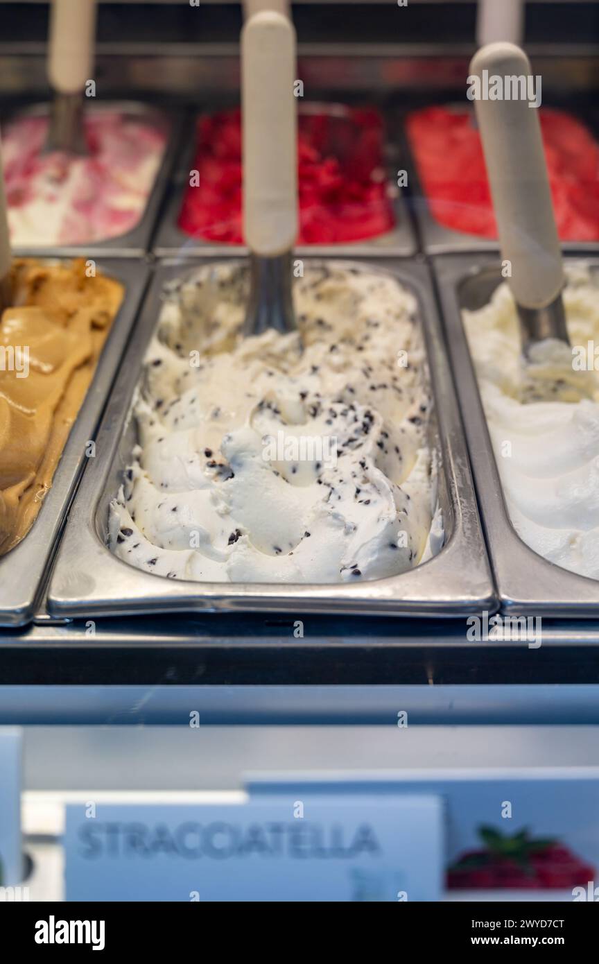 Assortment of fresh made Italian artisanal ice creams in refrigerator ...
