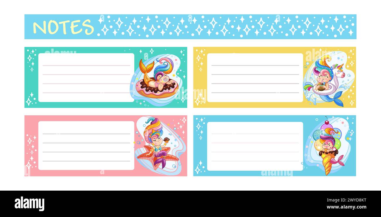 Sticker design with cute sweet tooth mermaids. Kids schedule design ...