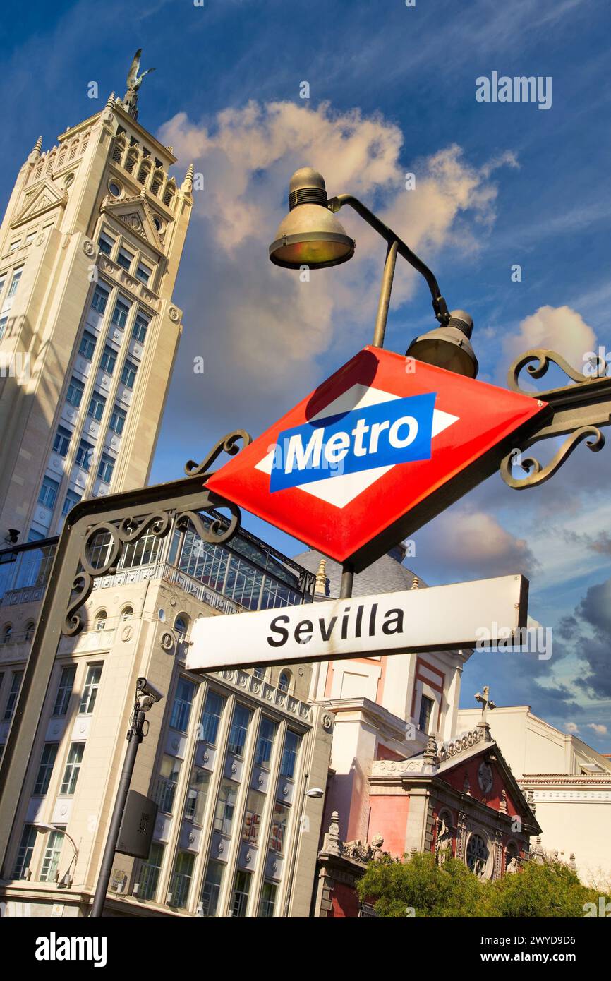 Metro station symbol, Alcala street, Madrid, Spain, Europe Stock Photo ...