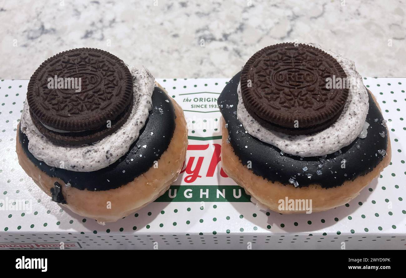 Special OREO donuts from Krispy Kreme are shown in a picture ...