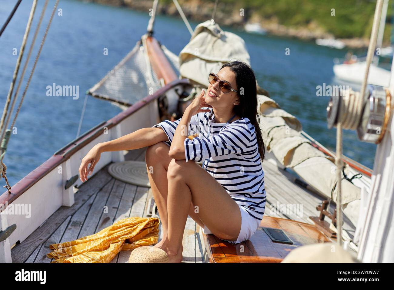 Young woman with sailor clothes, Sailing boat, Pasaia port, Gipuzkoa ...