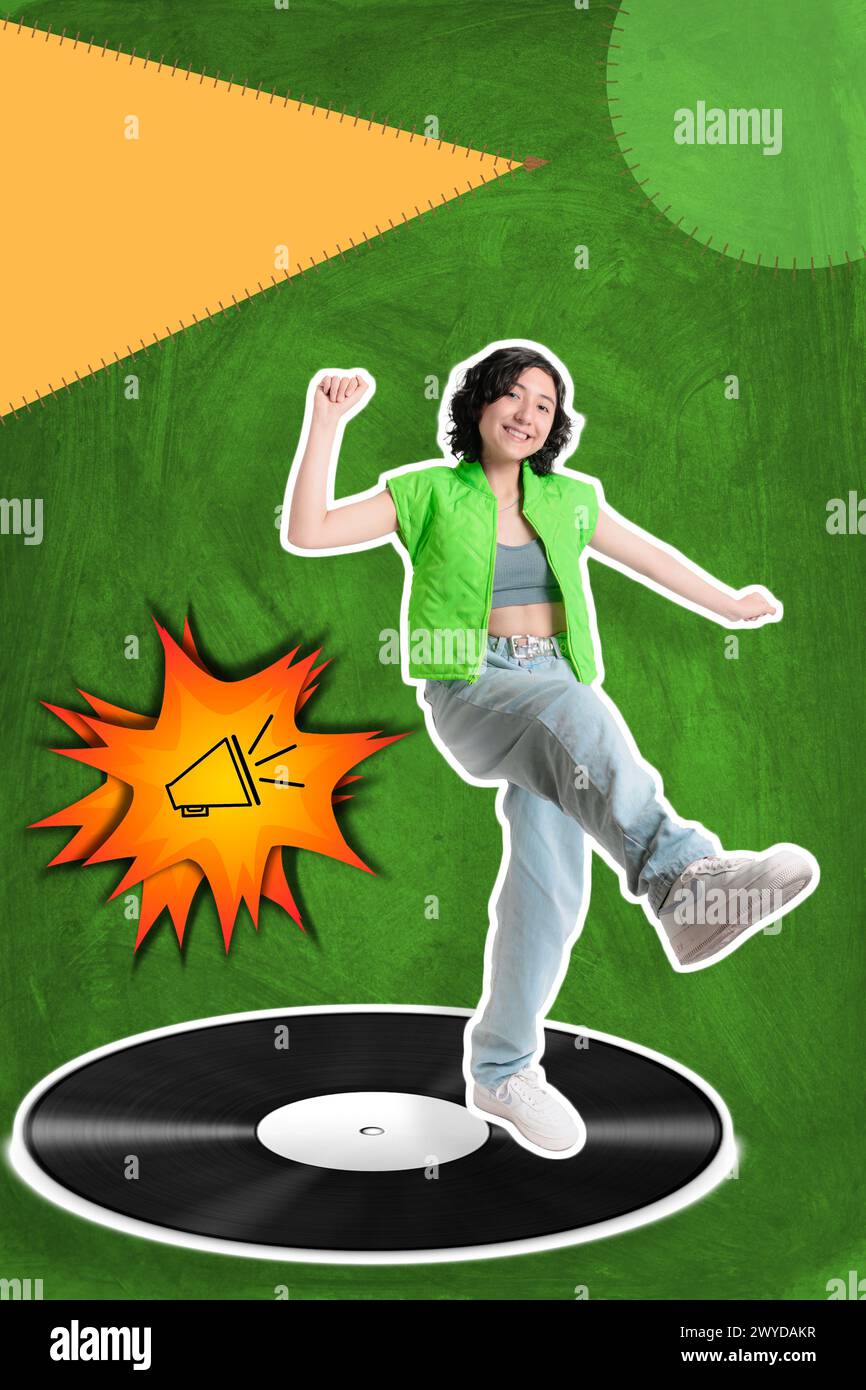 Creative photo, collage, young girl on colorful background with text ...