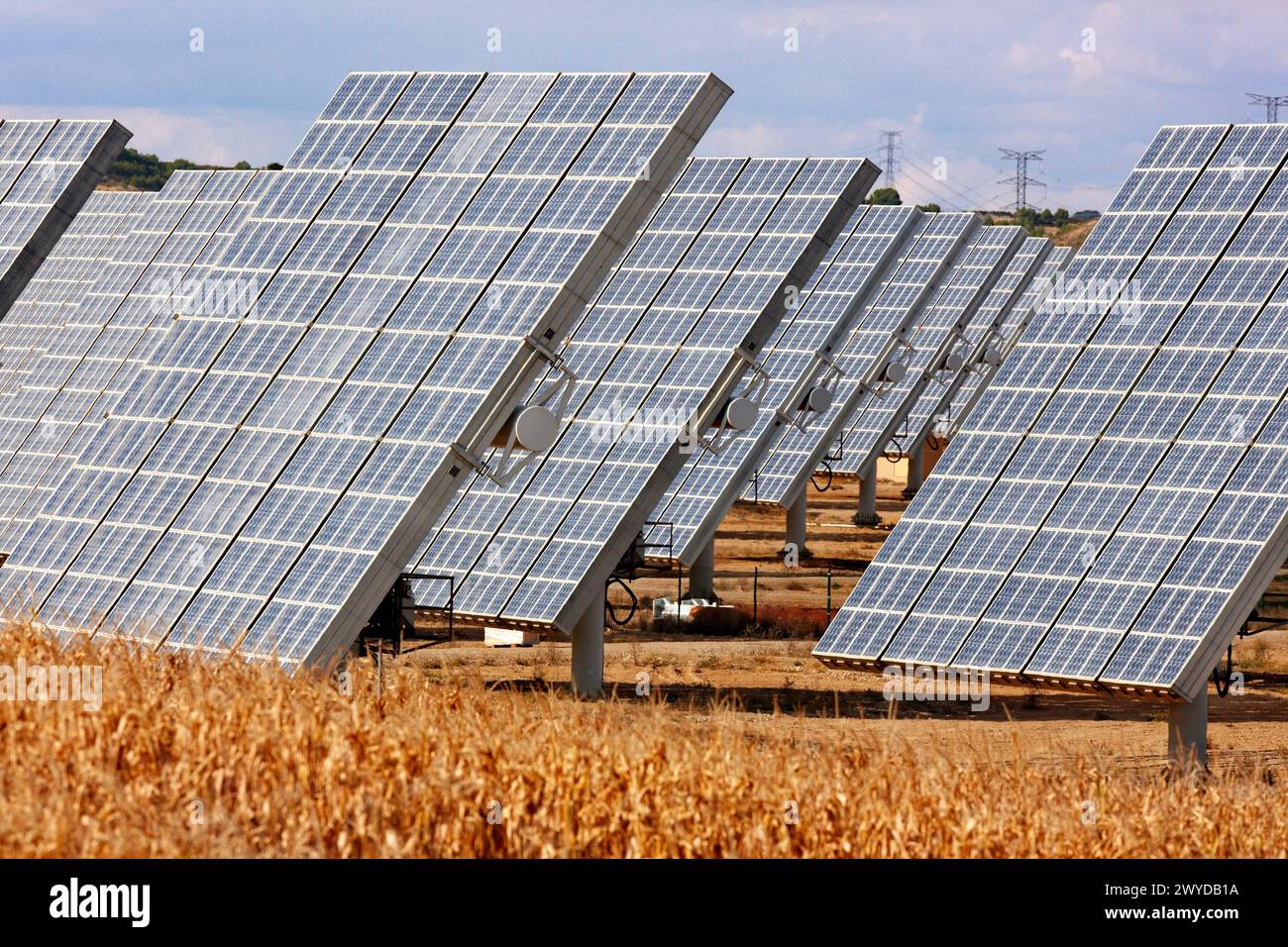 Corn field, solar panels, photovoltaics, solar power plant, Villafranca ...