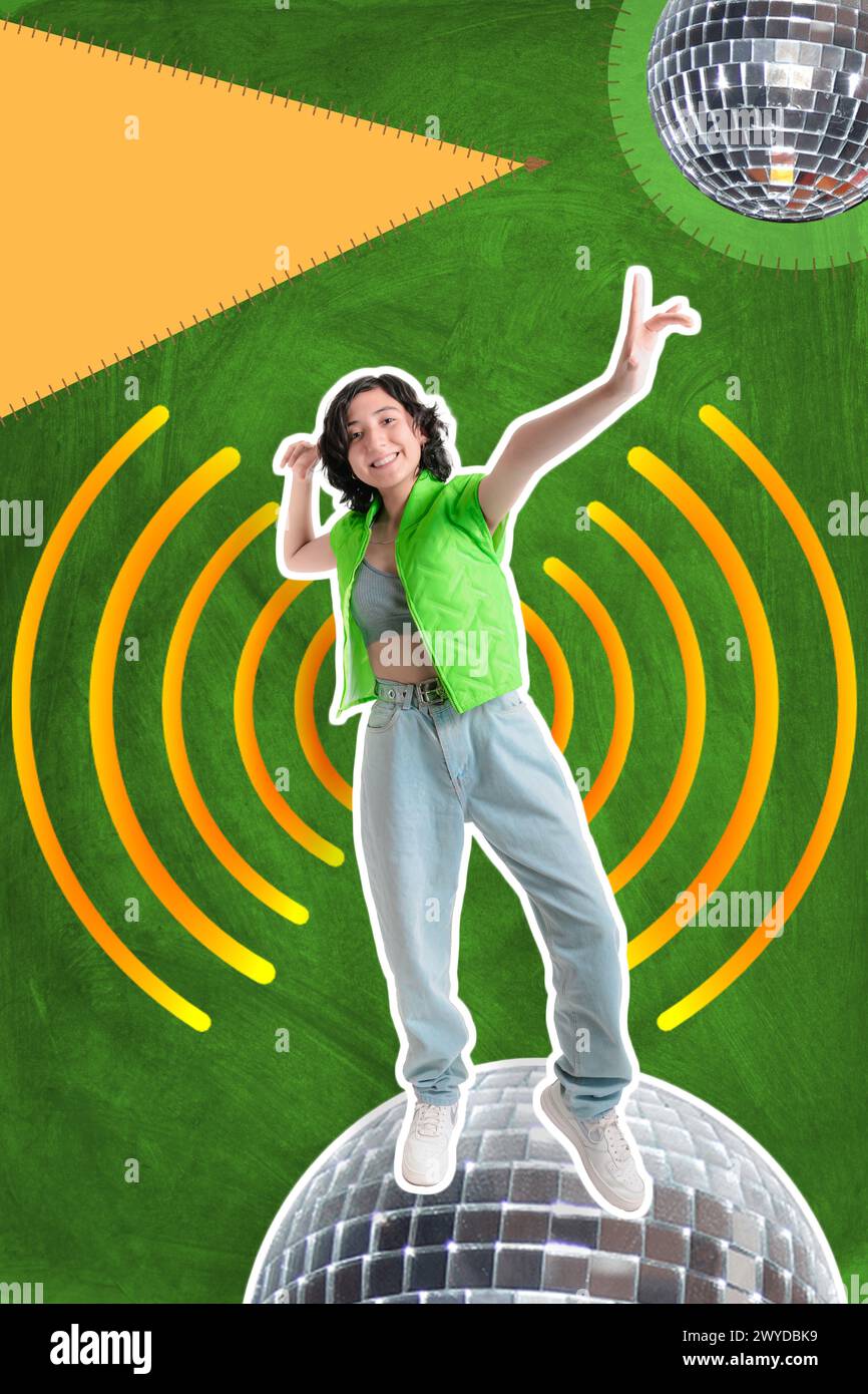 Creative photo, collage, young girl on colorful background with text ...