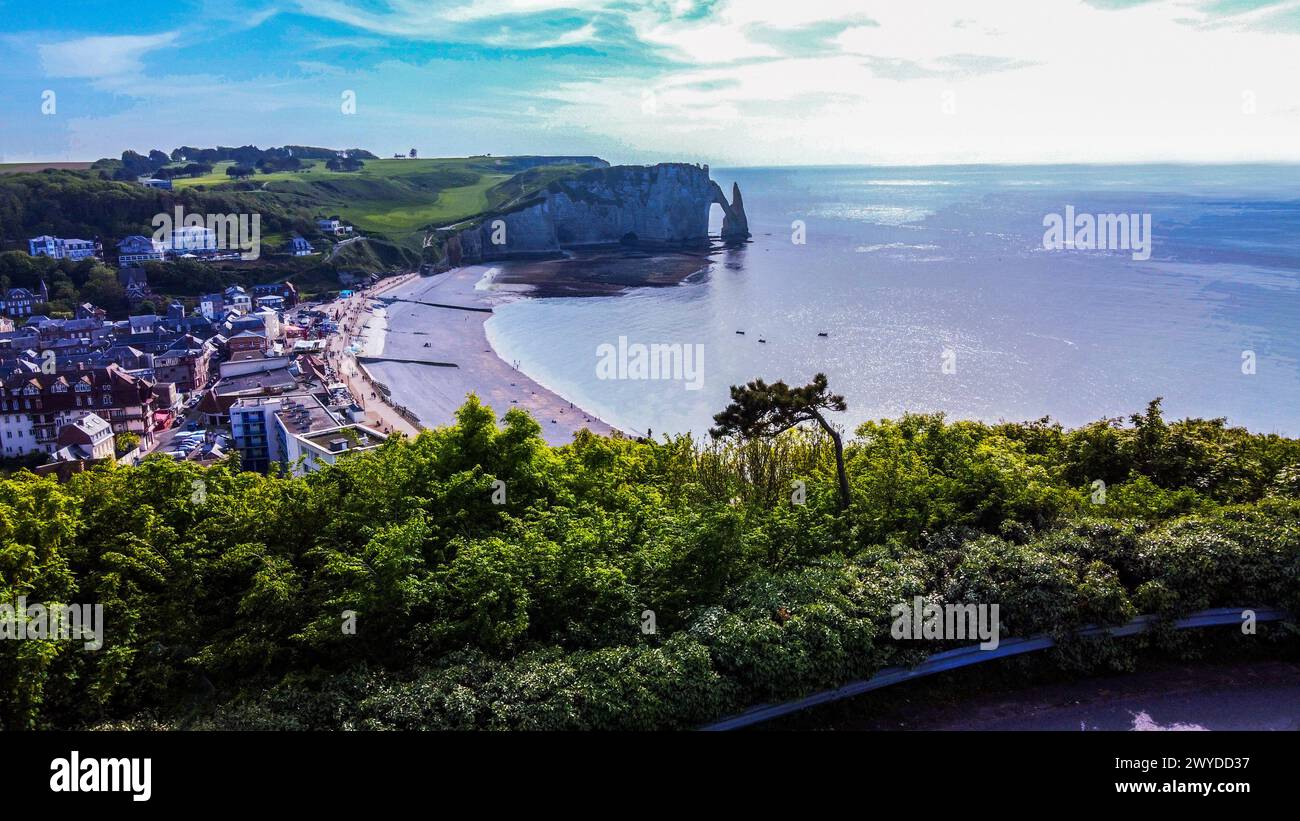 Panoramof bay of Etretat town and Falaise d'Avaln - famous cliff from ...