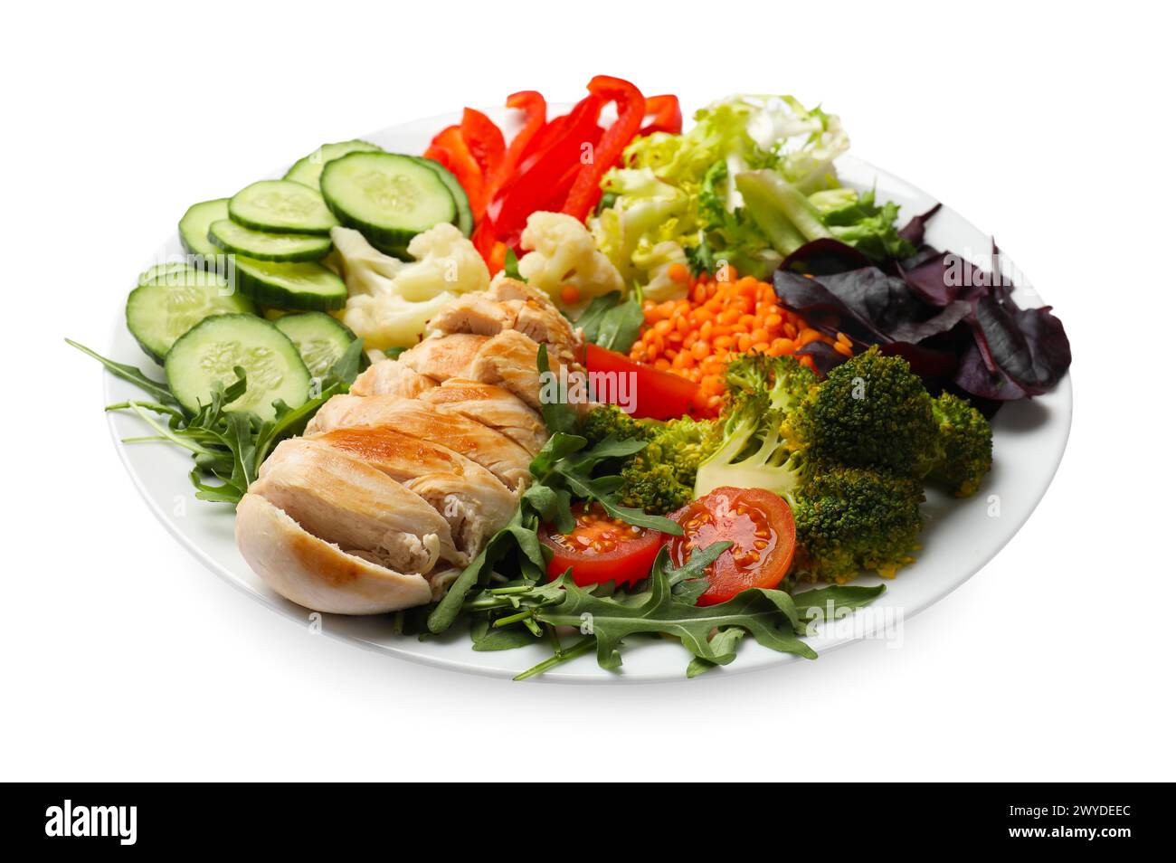 Balanced diet and healthy foods. Plate with different delicious ...