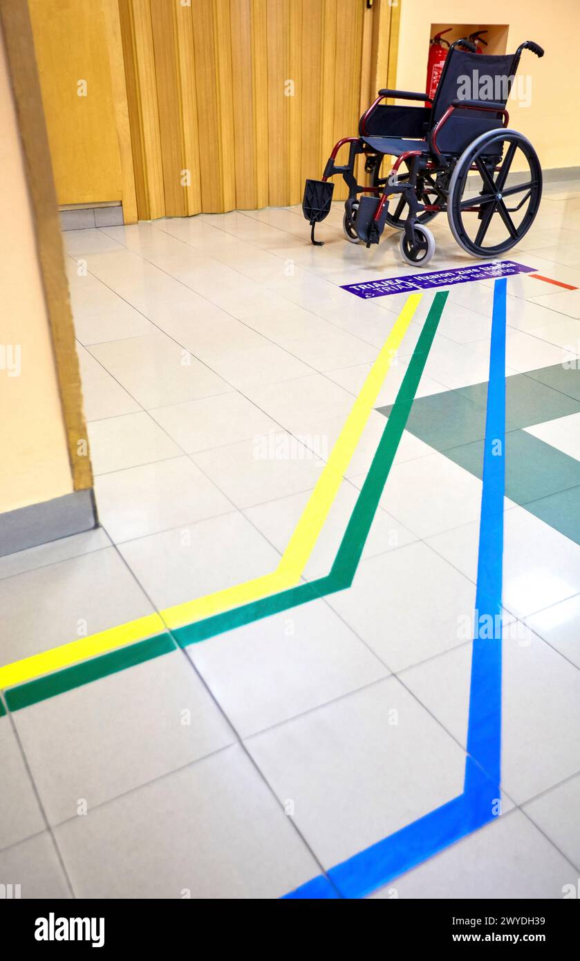Wheelchair, Emergency area with guiding coloured lines to different ...