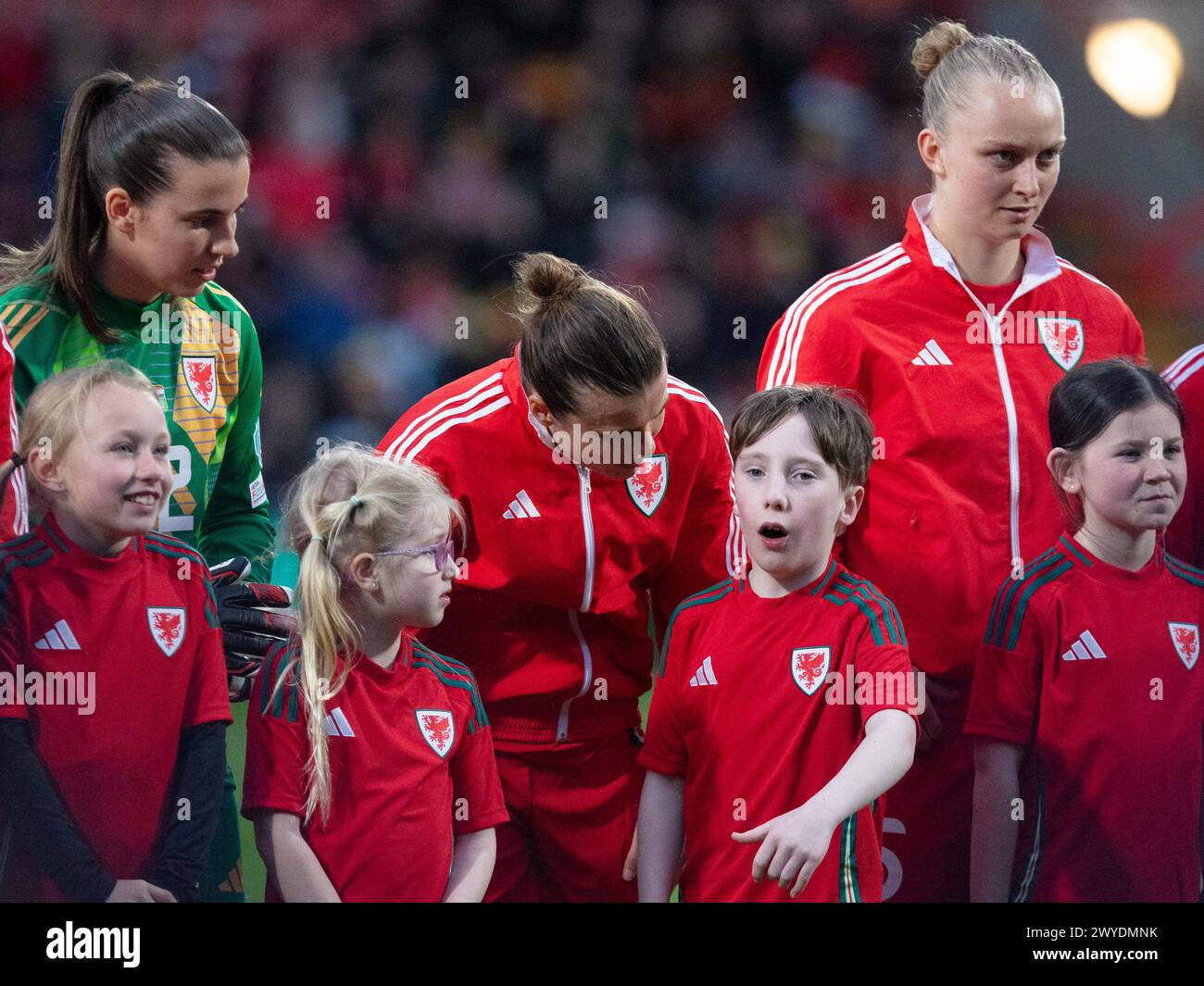 Stok Cae Ras Stadium, UK. 5th Apr, 2024. Wales national Anthem during ...