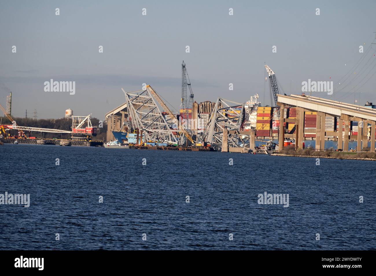 Early morning view of the remains of the Francis Scott Key Bridge in ...