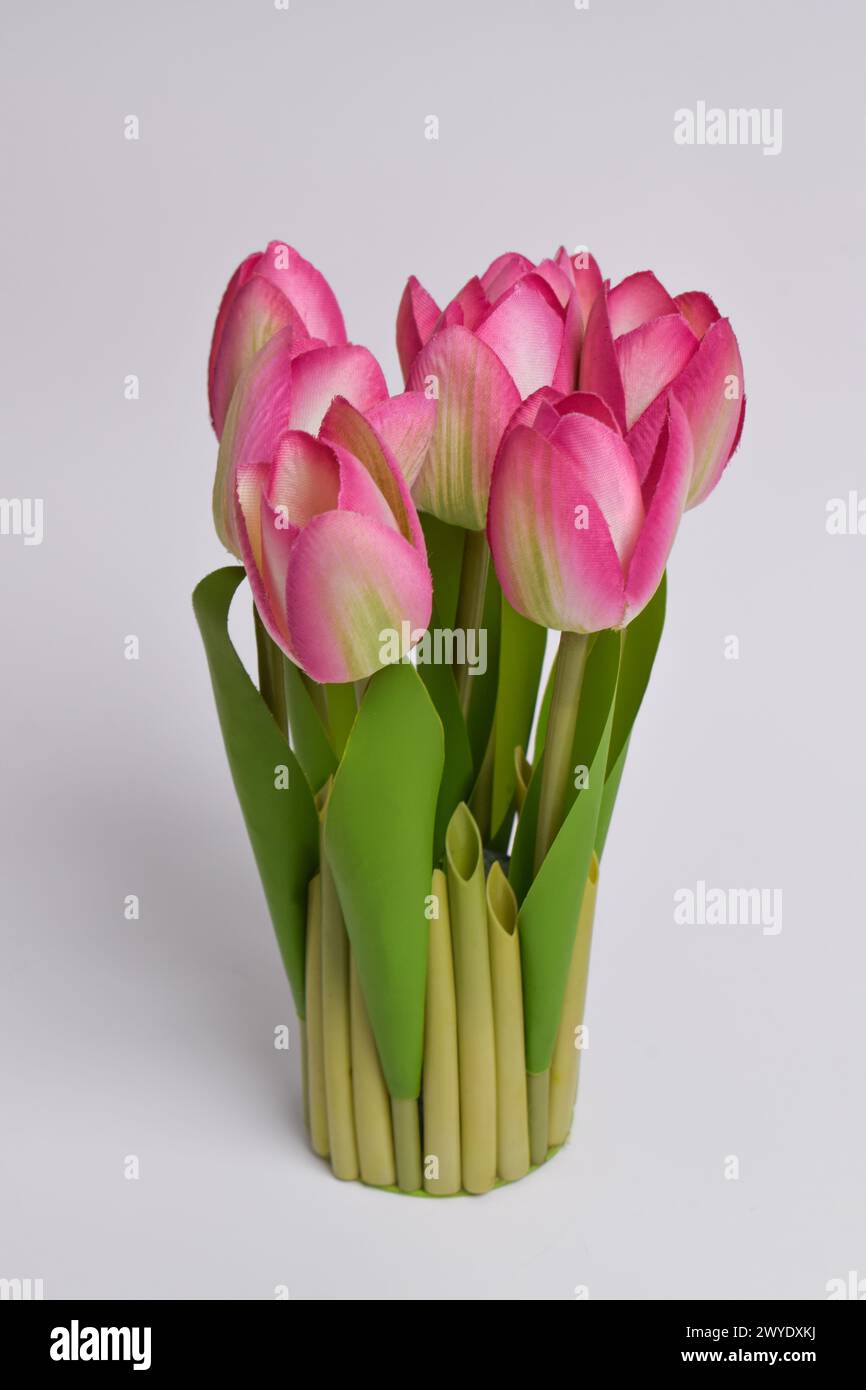Artificial pink tulips. Plastic ornamental plant isolated on white ...