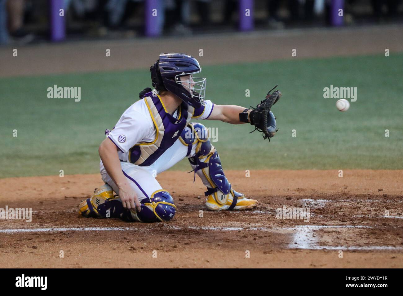 Baton Rouge, LA, USA. 5th Apr, 2024. LSU's Brady Neal (18) watches a ball into his glove during ...