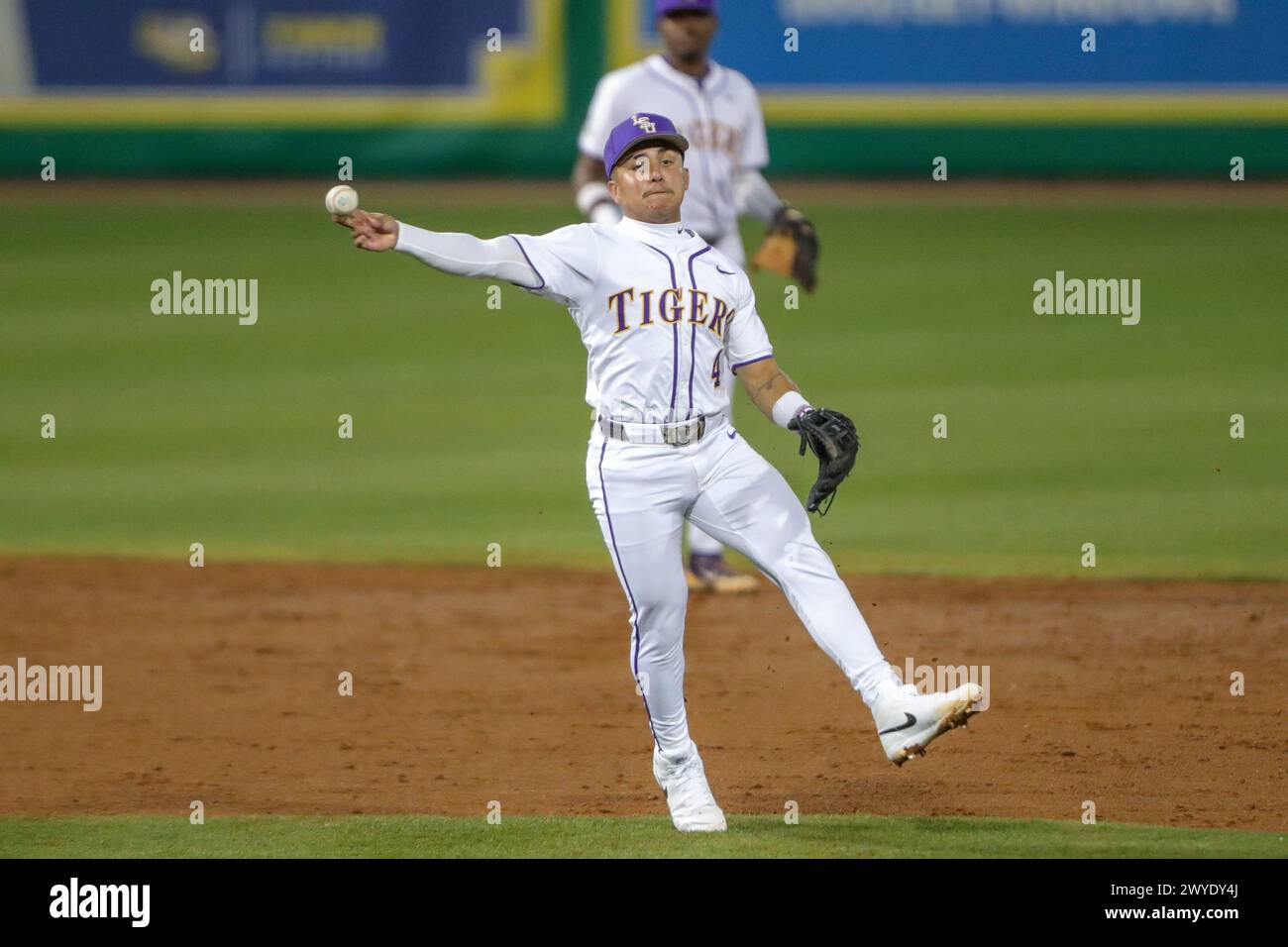 April 5, 2024: LSU's Steven Milam (4) makes a throw to first base ...